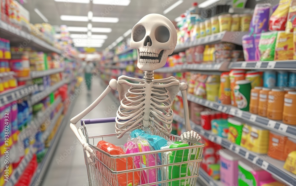 Skeleton Going Grocery Shopping. A 3D skeleton pushing a shopping cart ...