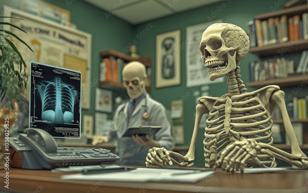 Skeleton at a Doctor's Office. A 3D skeleton sitting in a doctor's ...