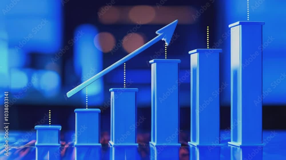 A bar graph with five increasing bars connected by a dotted line and an ...