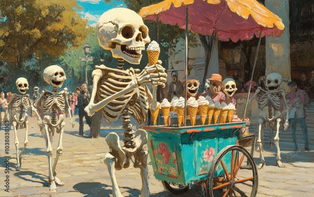 Skeleton Ice Cream Vendor in a Park. A skeleton with happy eyes ...