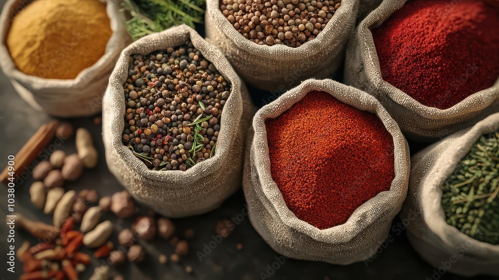 Artistic overhead shot of a colorful spice market spread, with herbs ...
