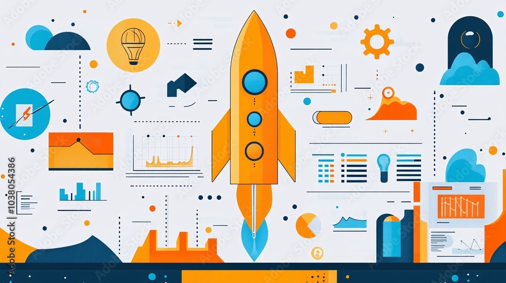 Business timeline illustration of product development, featuring key ...