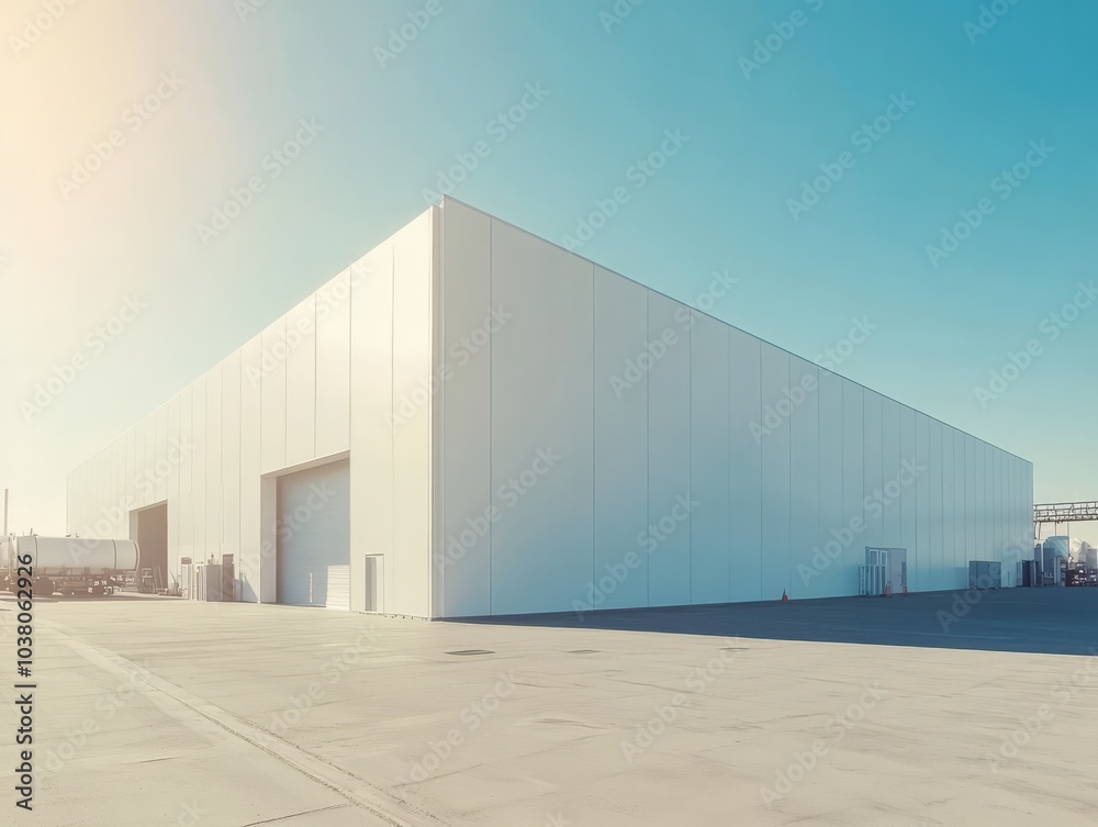 Modern Industrial Warehouse: A sleek, white industrial warehouse stands ...