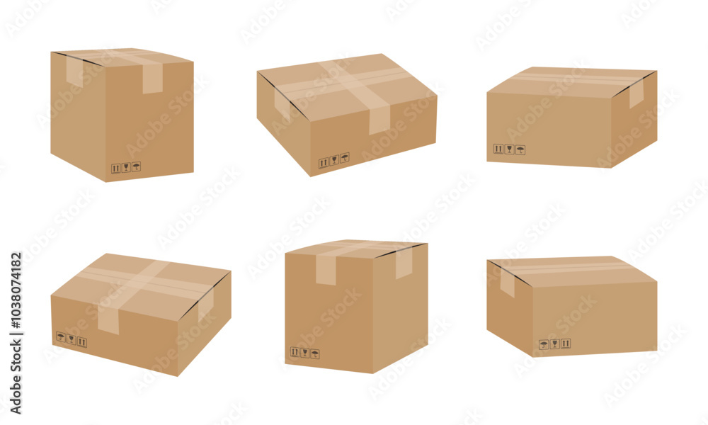 Cardboard box mockup set. Carton packaging box collection with tape and ...