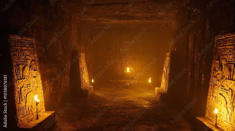 Enigmatic Underground Crypt with Hieroglyphs and Sarcophagi Illuminated ...