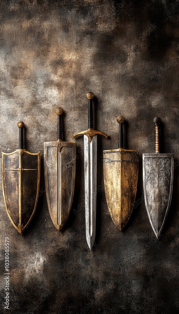 A collection of swords and shields, ready for battle. The swords are ...