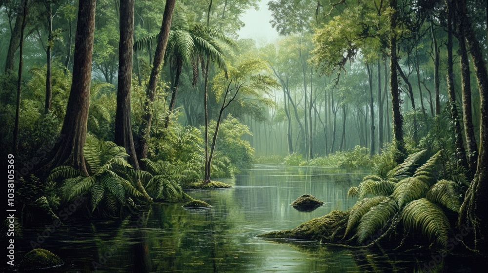 Lush, humid swamp forest filled with giant horsetails, tree ferns, and ...