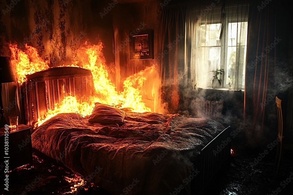 Bedroom engulfed in flames, burning furniture and filling with smoke ...