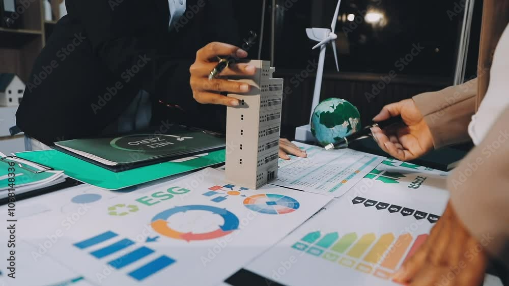 Group diverse Asia businesspeople talk ESG strategies risk management workshop, SDGs report ...