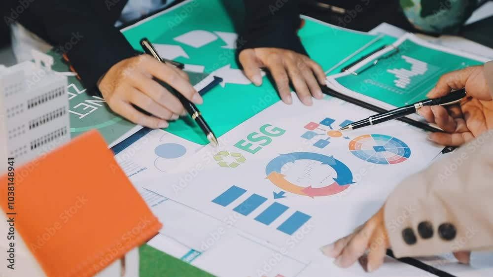 Group diverse Asia businesspeople talk ESG strategies risk management workshop, SDGs report ...