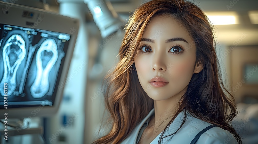 Asian female radiologist standing next to modern X ray or CT scan ...