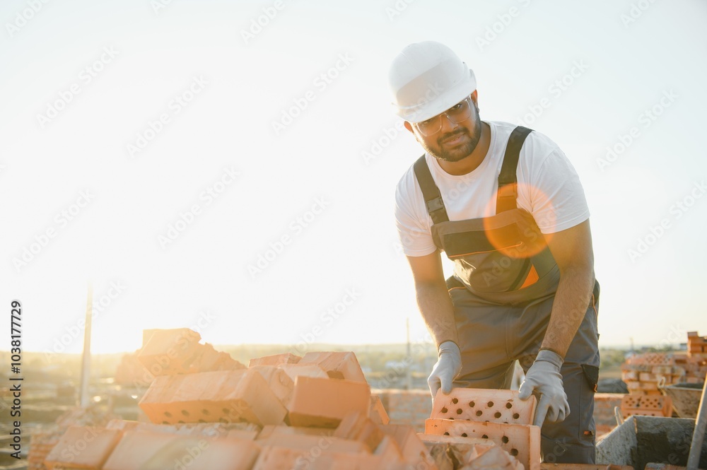 Indian Construction worker in uniform and safety equipment have job on ...