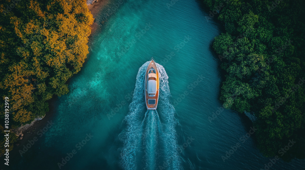 Boat movement on the water. Motor boat in motion. Luxury wooden big ...