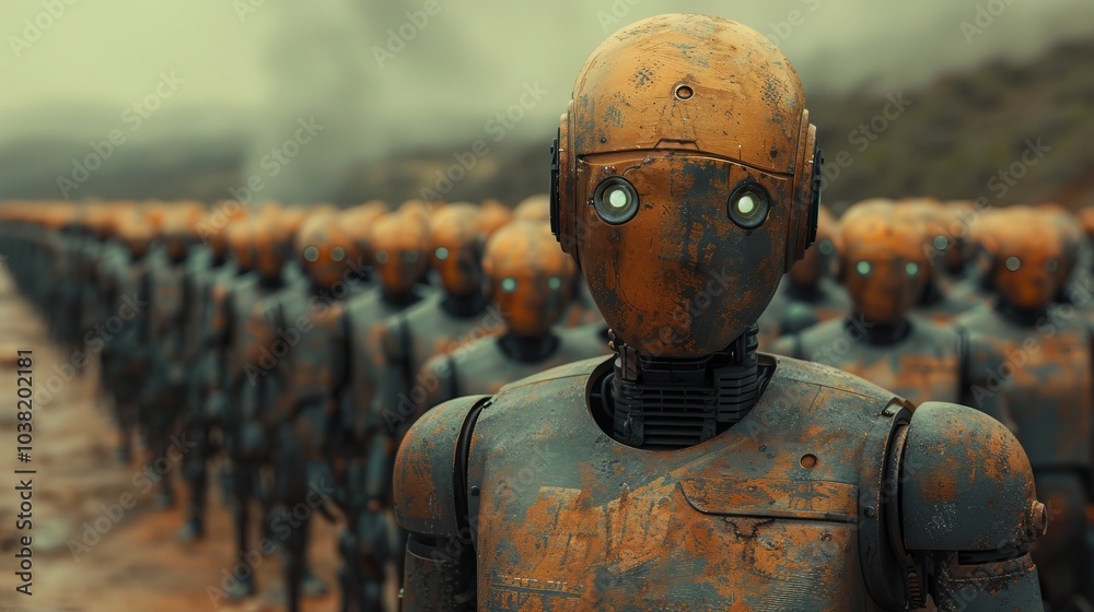 Rows of robotic soldiers with weathered exteriors gather on a barren ...