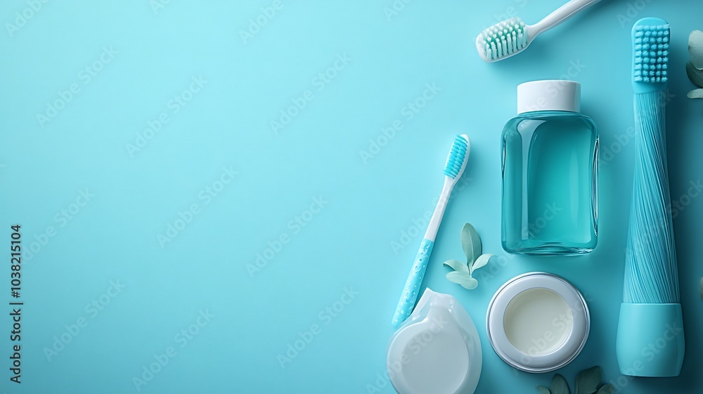 Bright light background featuring a complete dental hygiene kit ...
