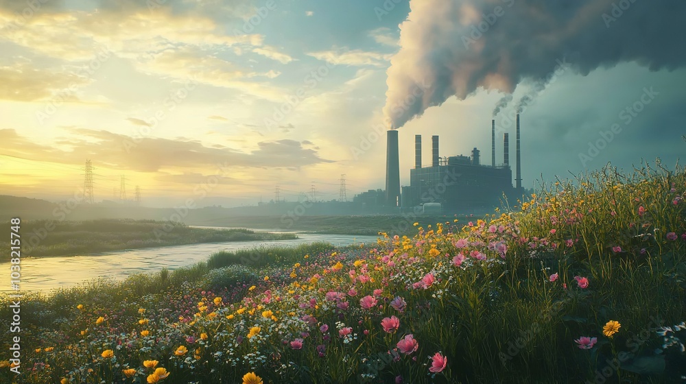 Power-Plant-Emitting-Steam-with-Flower-Field-and-River-Lands Stock ...