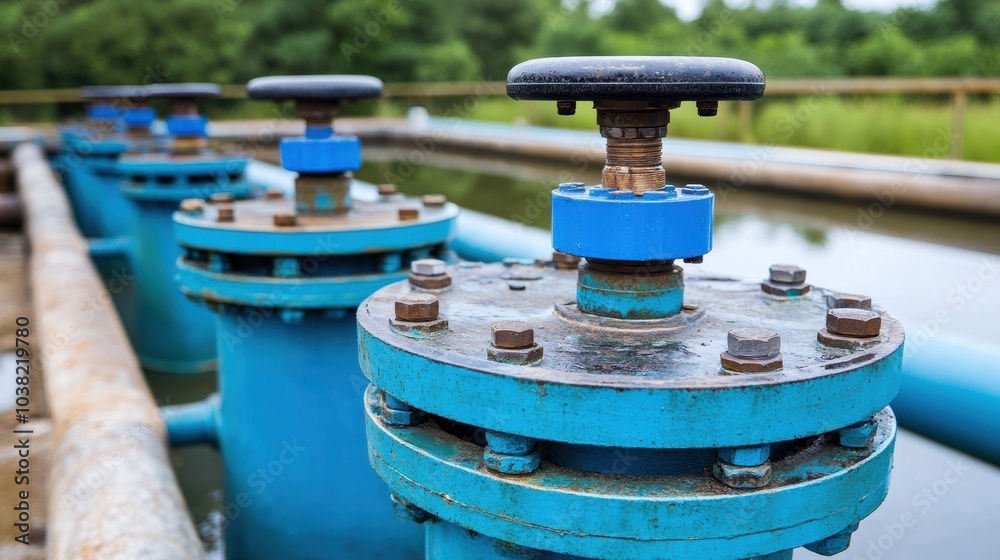Close-up of blue industrial water valves at a treatment facility ...