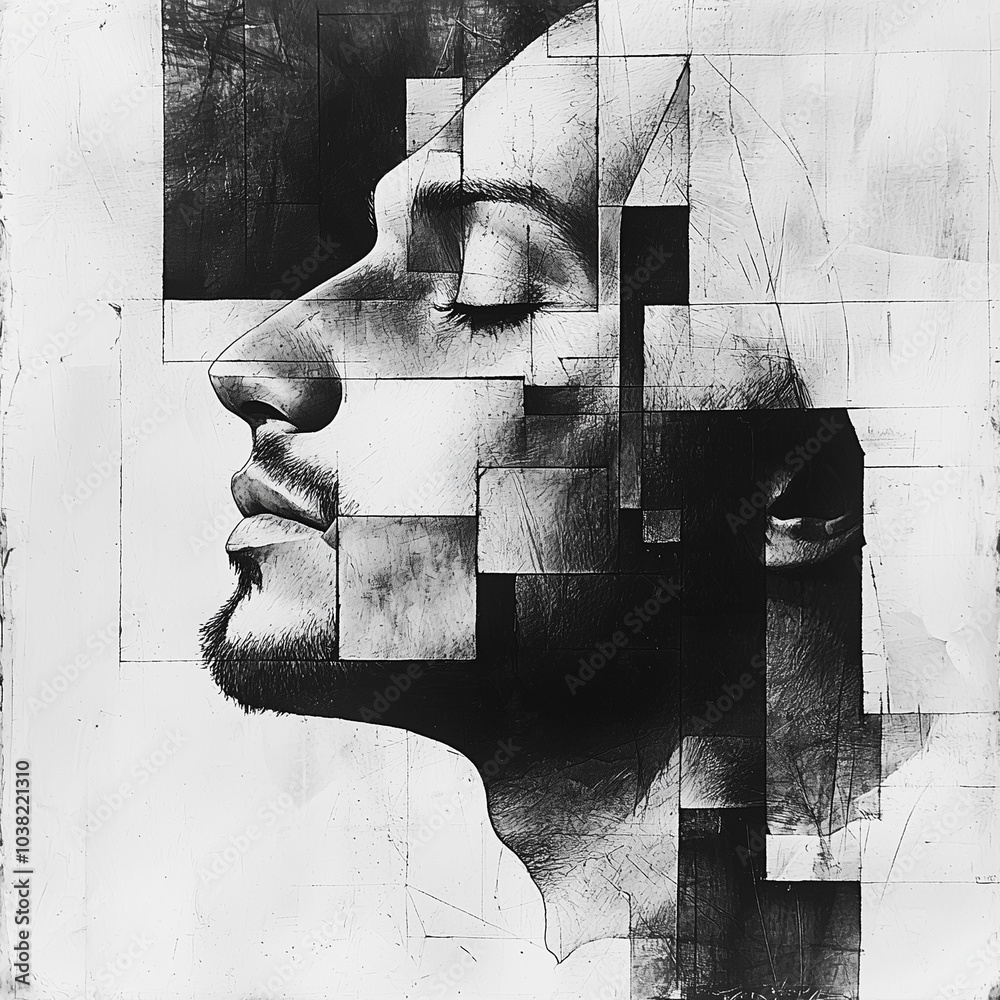monochrome cubist profile of a man with abstract fragmented shapes and ...