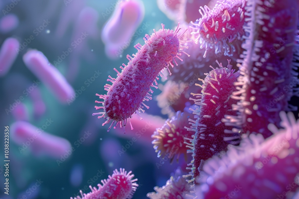 Microscopic view of bacteria escherichia coli, commonly known as e. Coli, floating in blue ...