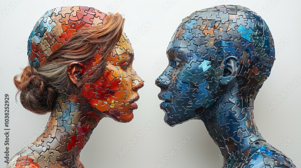 The intricate details of two sculptures come together, depicting faces ...