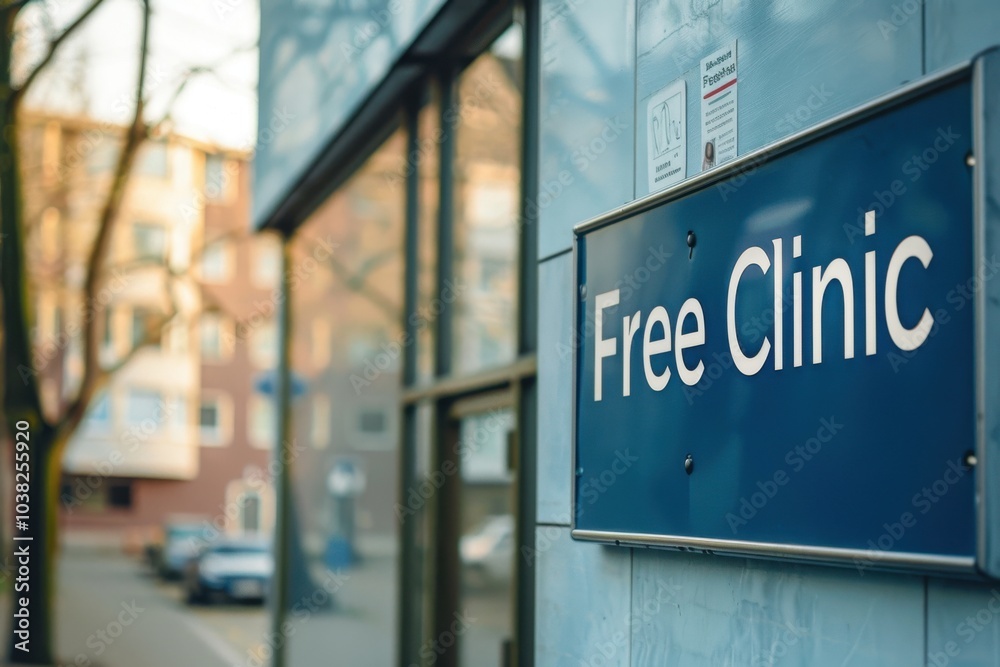 A contemporary sign stating "Free Clinic" in sleek sans serif font ...