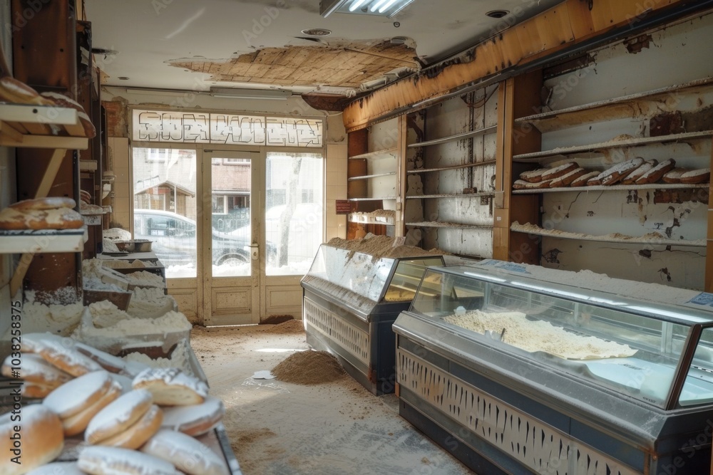 A deserted bakery with empty display cases and flour dust on the ...