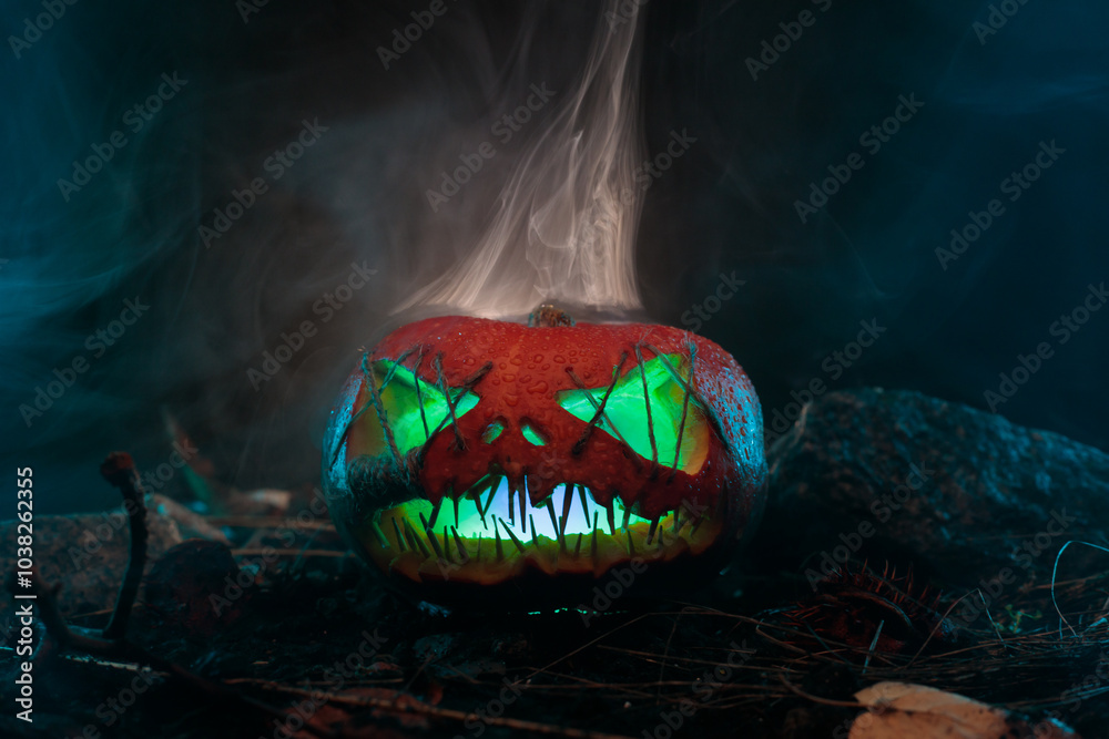Halloween photo of a sinister pumpkin with a carved face and sharp ...
