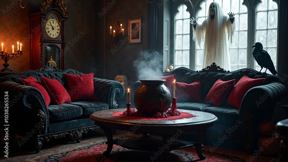 Spooky Halloween living room with Victorian sofa bubbling cauldron ...
