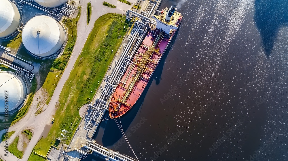 Oil Terminal: A harbor scene with tankers docked at an oil terminal ...