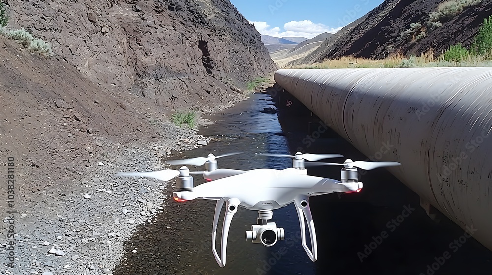 Pipeline Survey: A drone capturing aerial footage of a pipeline route ...