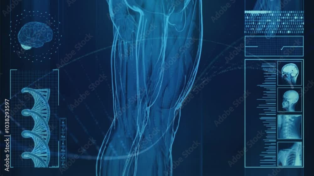 A futuristic digital animation showing a medical scan of human legs ...