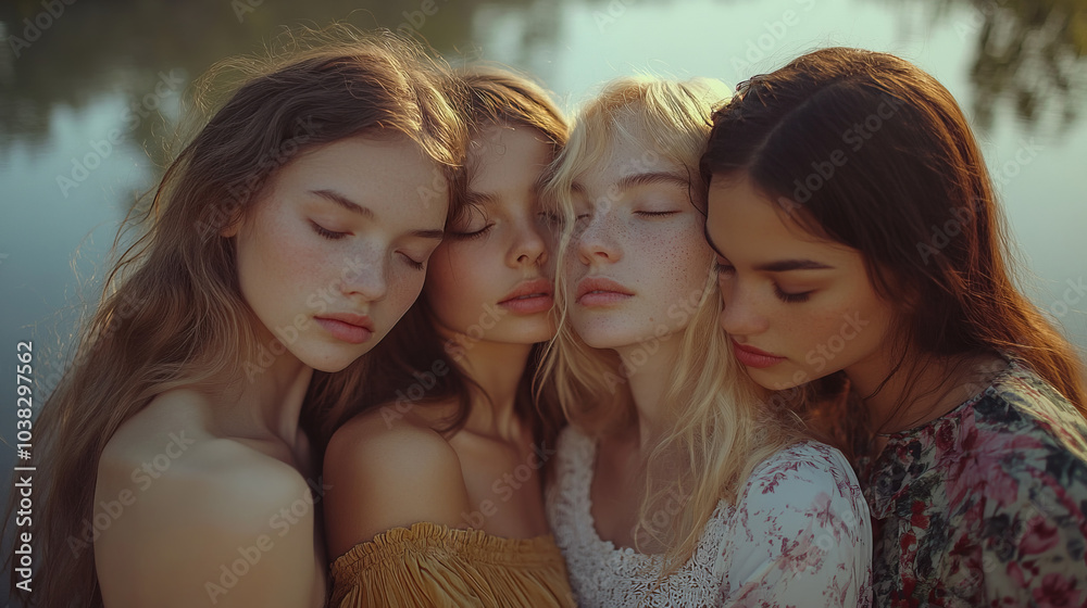 Four girls are standing near the water, their freckled faces are ...