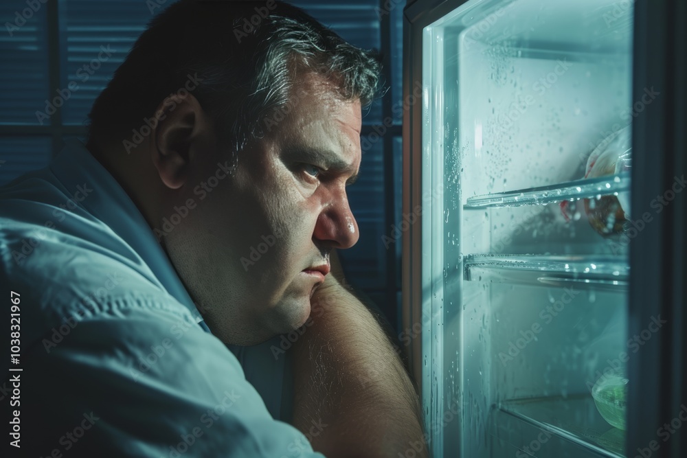 Fat oversized man looks sad into empty refrigerator. mature guy at ...