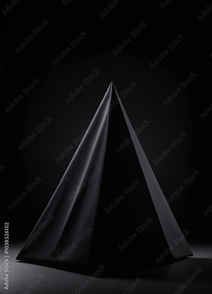 tall pyramid-shaped object draped in black fabric, set against a dark ...