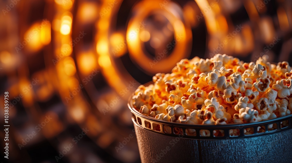 Popcorn kernels in a metal container against a blurred background of ...