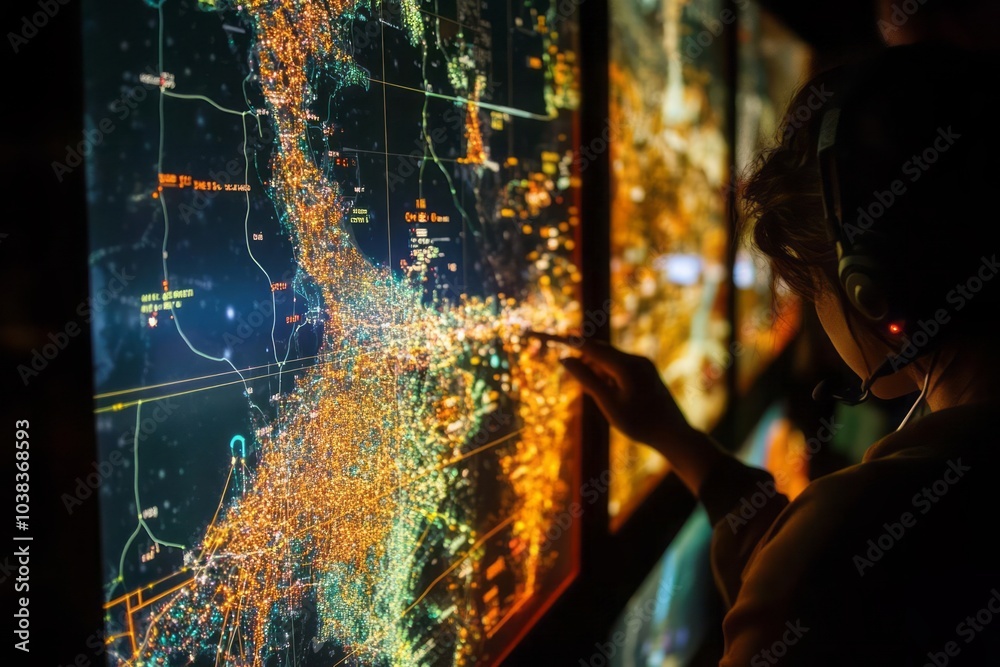 An interactive light pollution map displayed on a digital screen ...