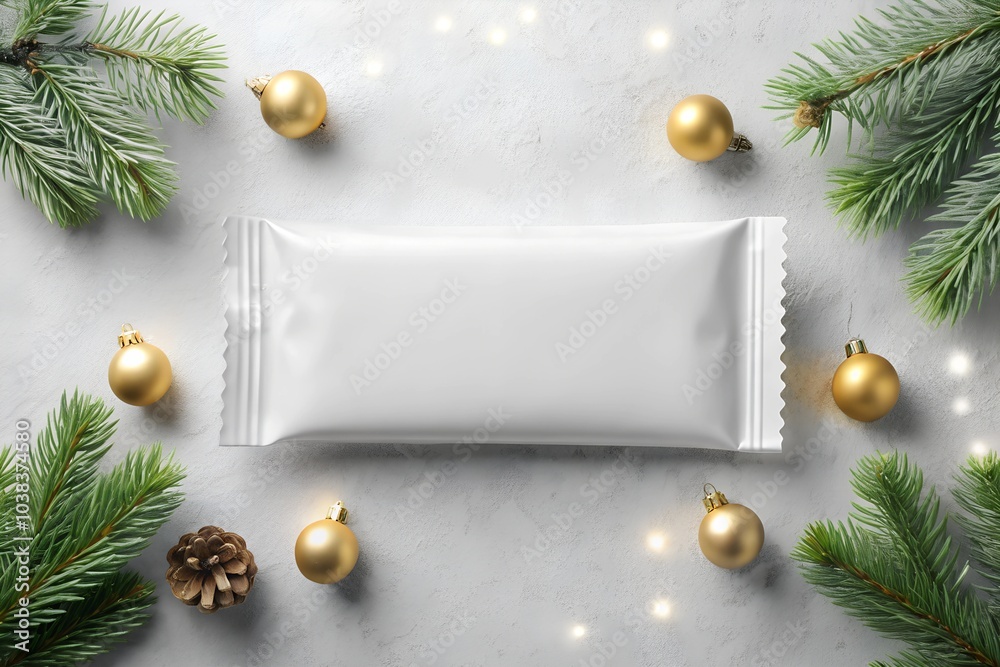 Blank white snack bar packaging mockup surrounded by festive Christmas ...