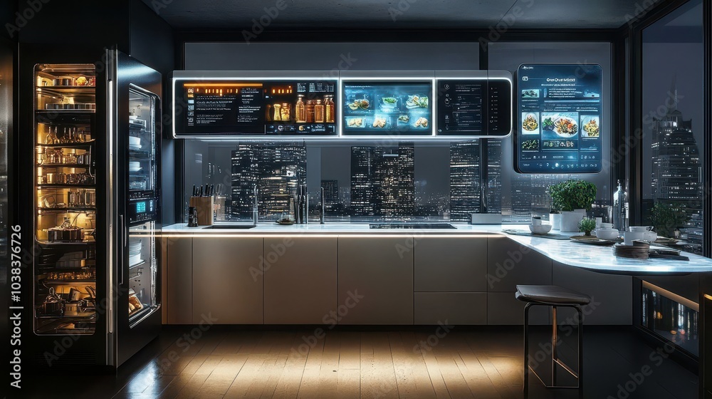 Futuristic kitchen a smart fridge holographic recipe assistant and a ...