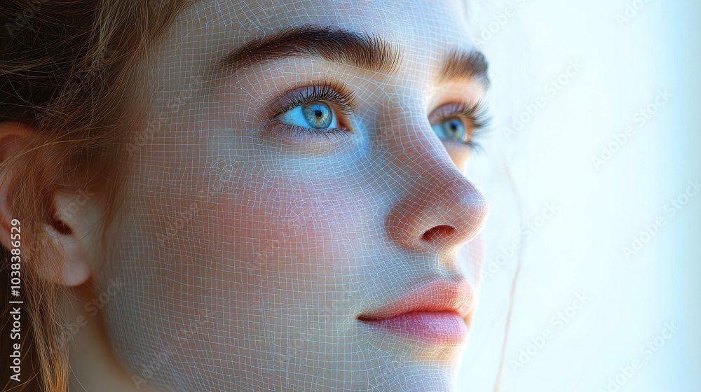 A woman's face with a grid of grids applied on top of it. Concept of ...