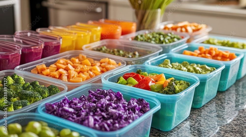 batch cooking meal prep scene featuring colorful tupperware containers ...