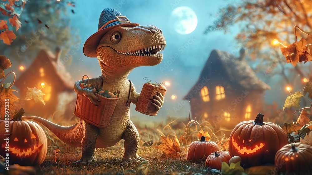 Halloween Dinosaurs T-rex towering over haunted village, pumpkins and ...