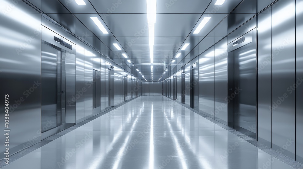 Endless corridor of metallic panels, illuminated with pulsating white ...