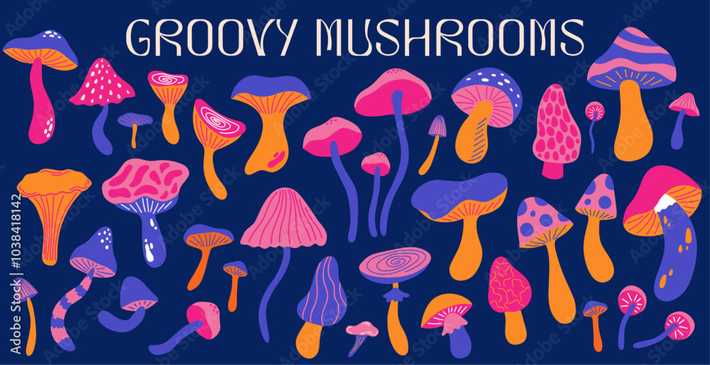 Set of various mushrooms in retro cartoon groovy 70s hippie funky style ...