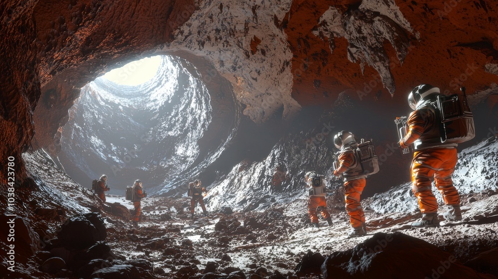Astronauts Exploring a Cave on Mars: astronauts venturing into a Martian cave, using advanced ...