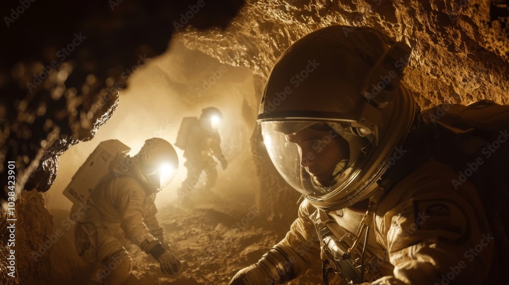 Astronauts Exploring a Cave on Mars: astronauts venturing into a ...