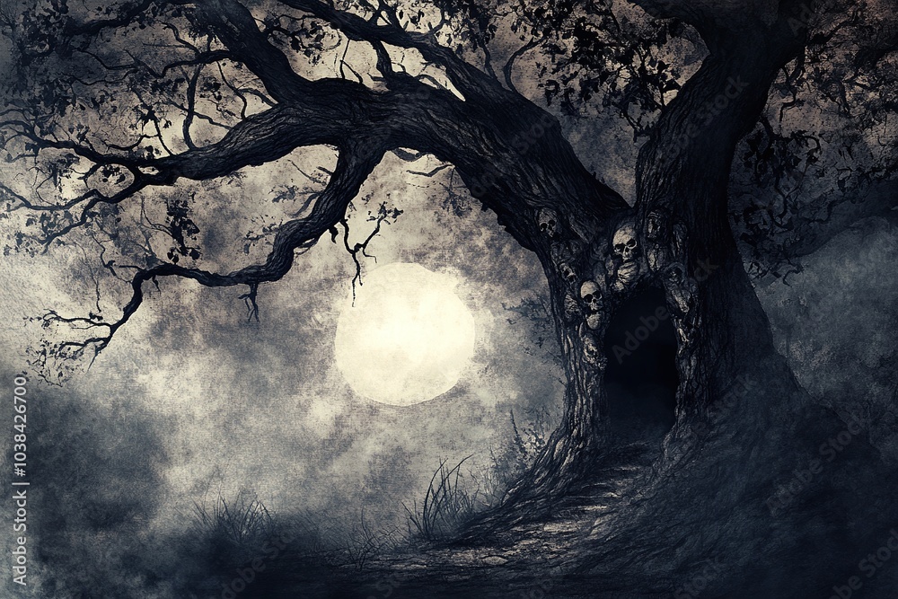 Mystical night a haunting tree beneath the full moon with subtle faces ...