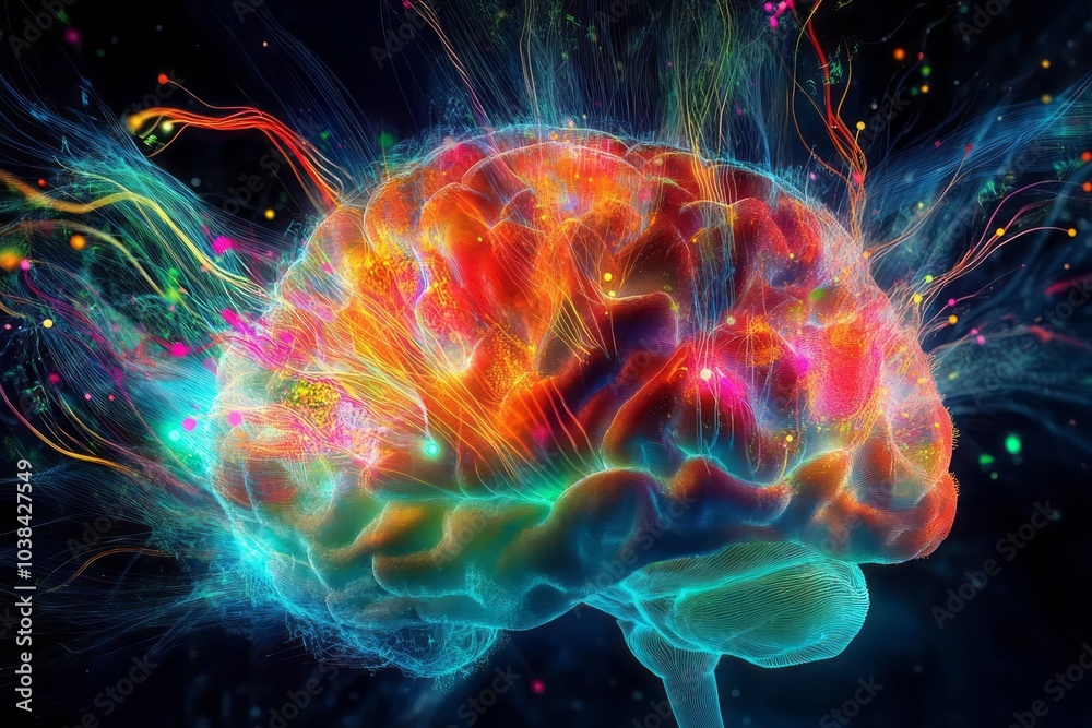 Brain mapping in a dopamine design style, with vibrant, glowing regions ...