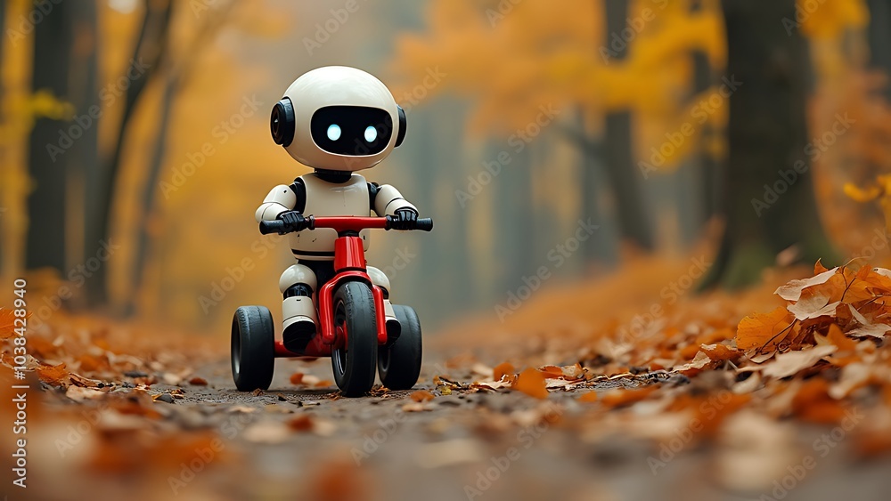 Happy humanoid robot rides a bicycle along the autumn alley. Robotic ...