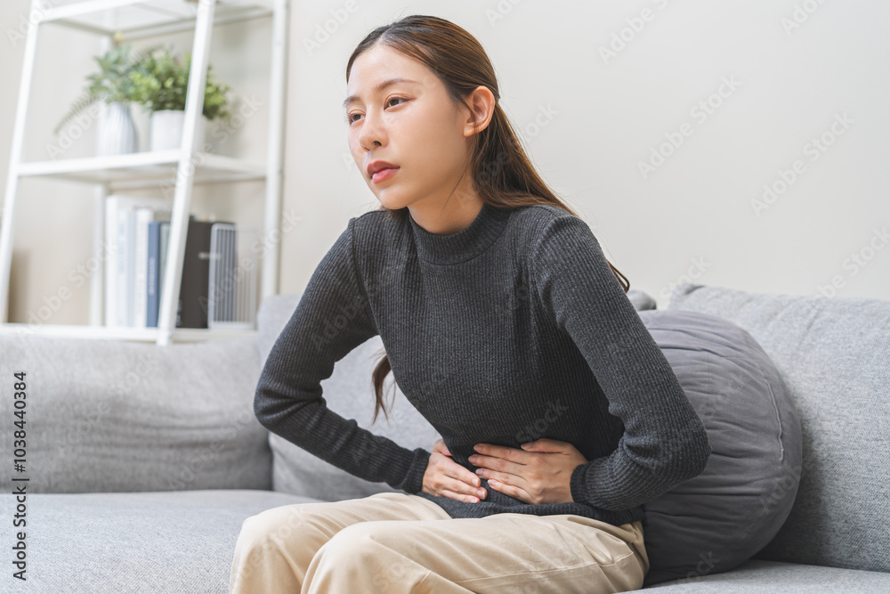 Flatulence ulcer, asian young woman, girl hands in belly, stomach pain ...