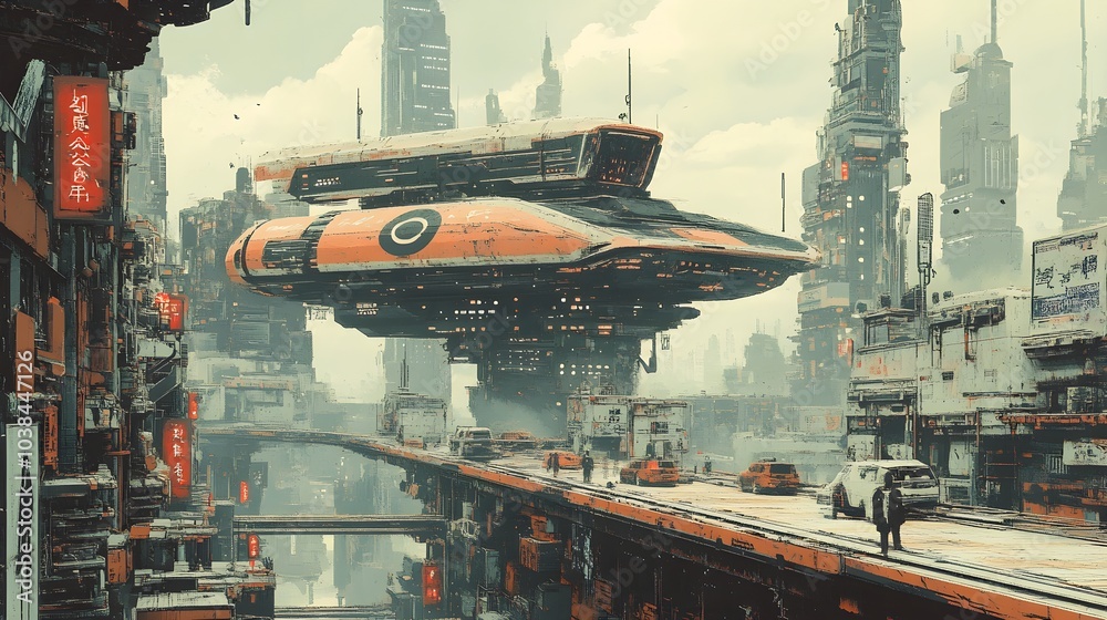 Retro-futuristic cityscape where skyscrapers stretch upwards, street ...